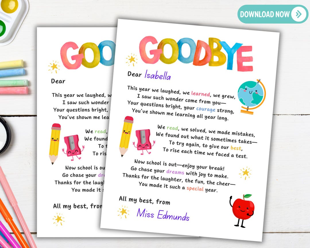 End of Year Poem Gift From Teacher, End of School Goodbye Letter to ...