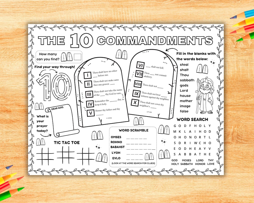 Ten Commandments Activity Placemat, Bible Craft Coloring Page, the 10 ...