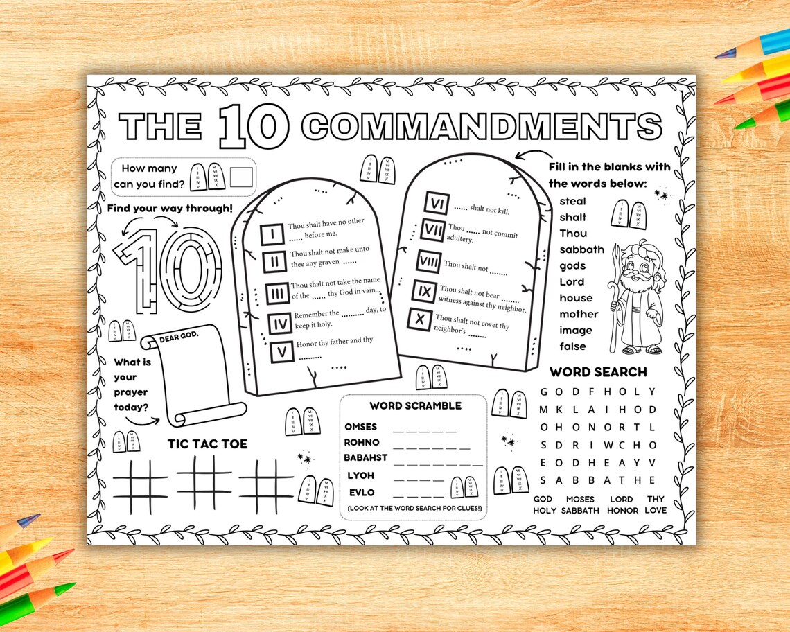 Ten Commandments Activity Placemat, Bible Craft Coloring Page, the 10 ...