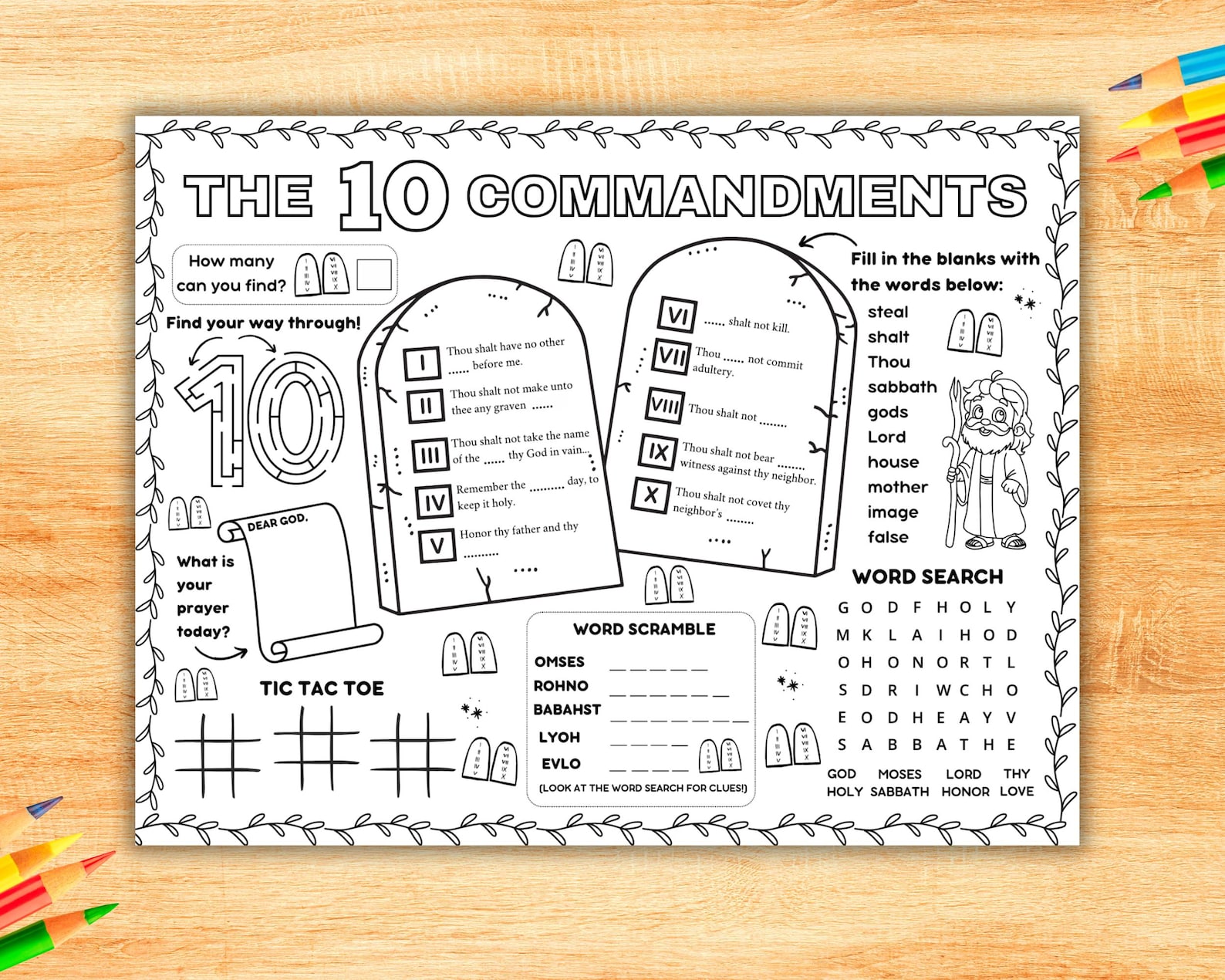 Ten Commandments Activity Placemat, Bible Craft Coloring Page, the 10 ...