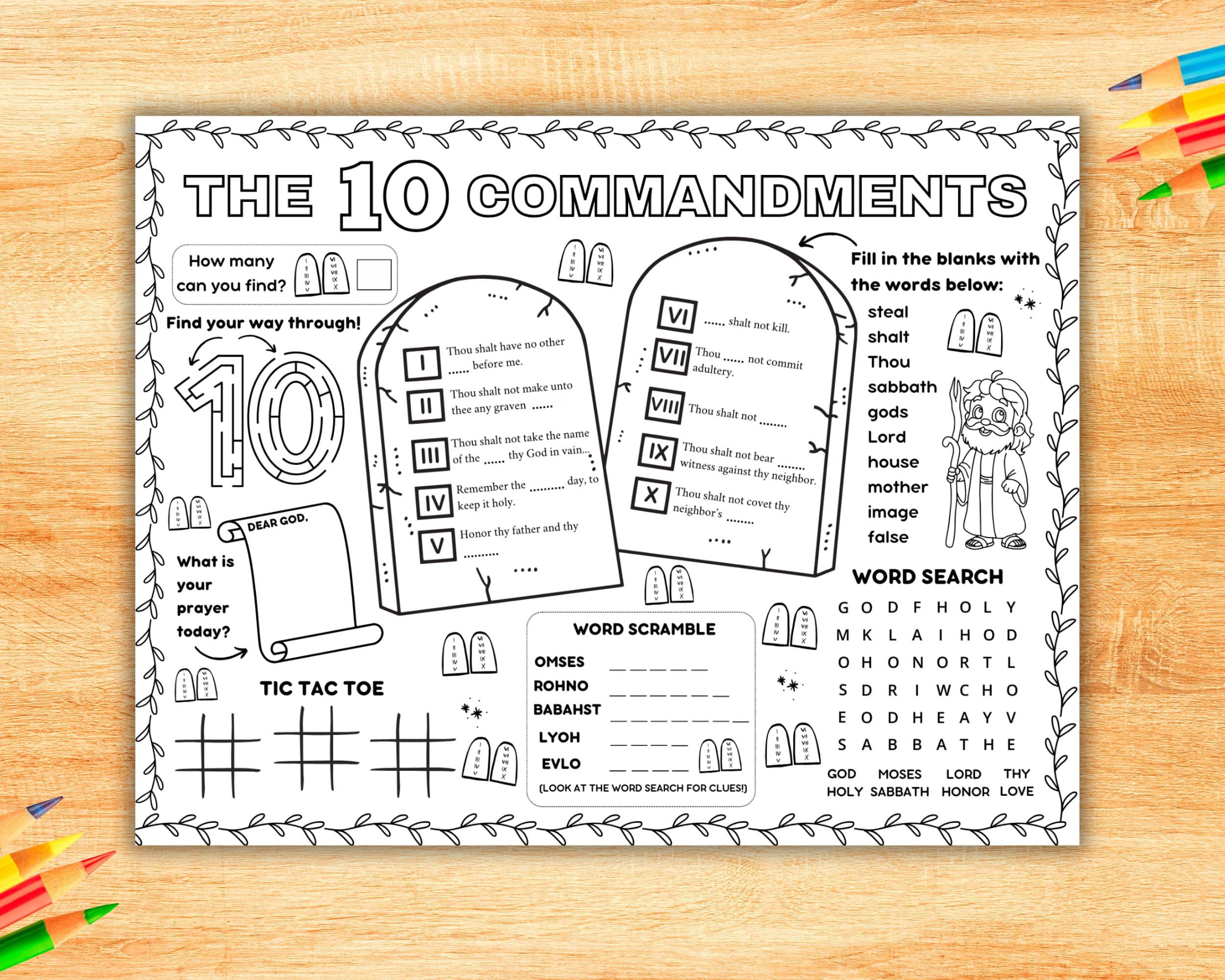 Ten Commandments Activity Placemat, Bible Craft Coloring Page, the 10 ...