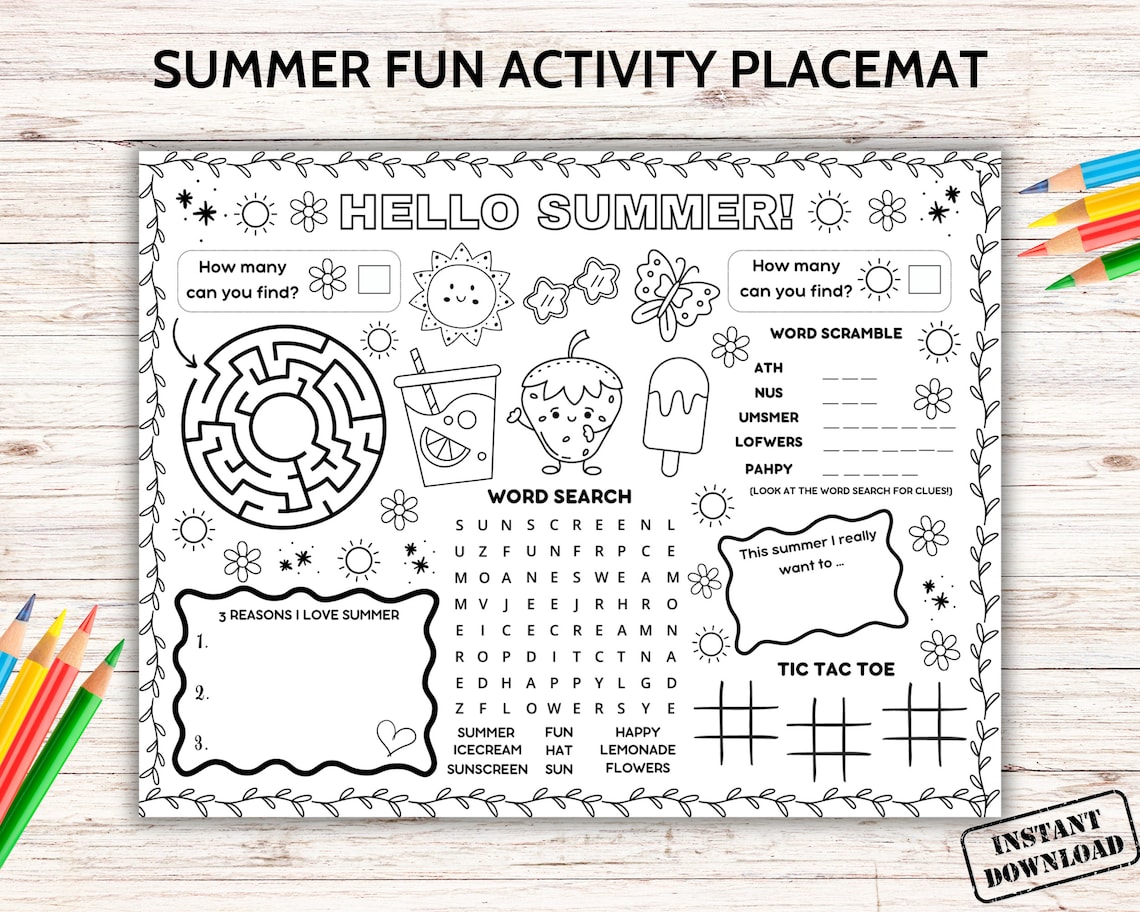 Summer Games Activity Placemat Printable, Summer Party Craft Coloring ...