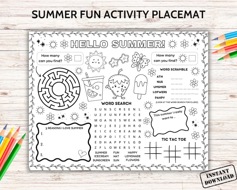 Summer Games Activity Placemat Printable, Summer Party Craft Coloring ...