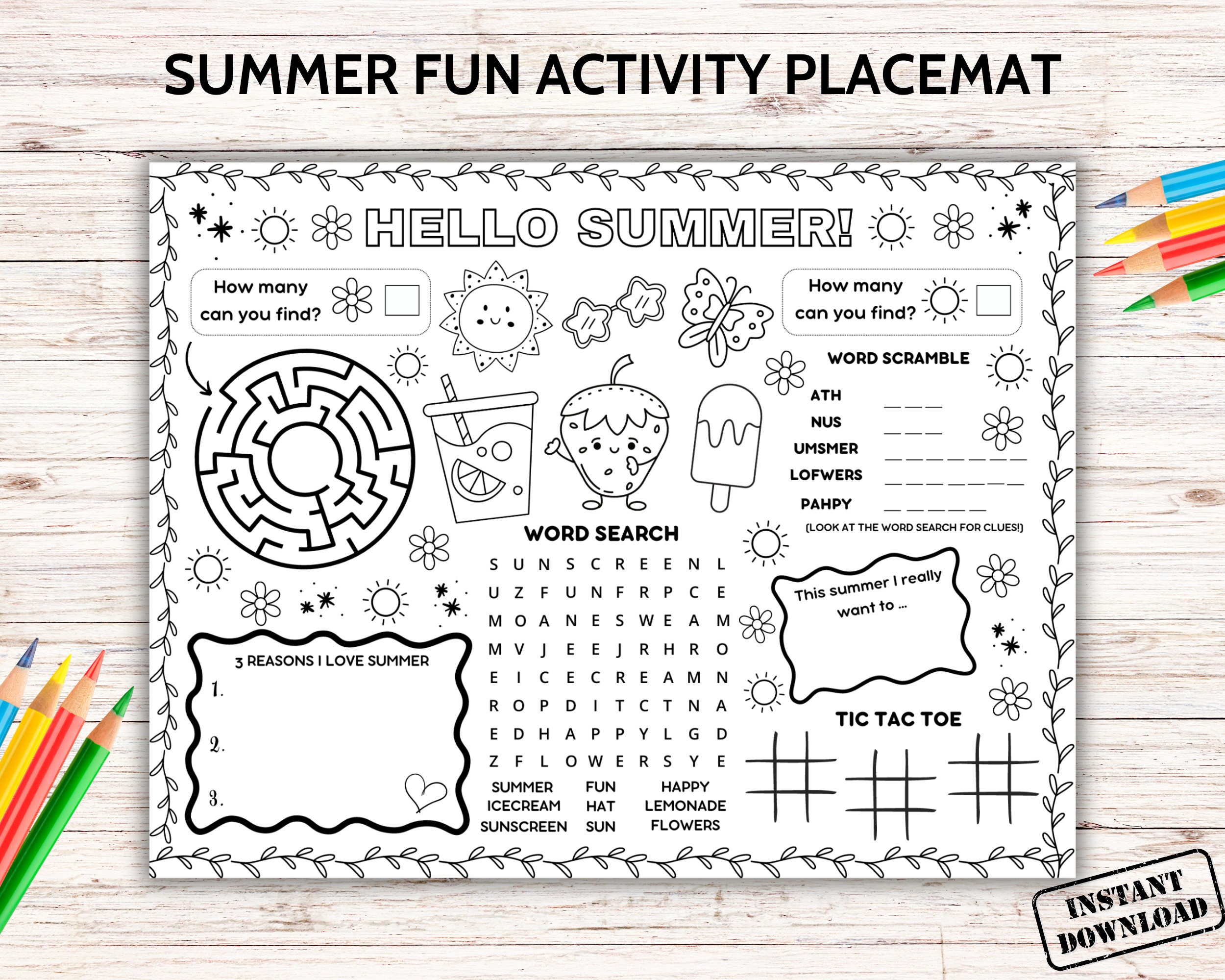 Summer Games Activity Placemat Printable, Summer Party Craft Coloring ...