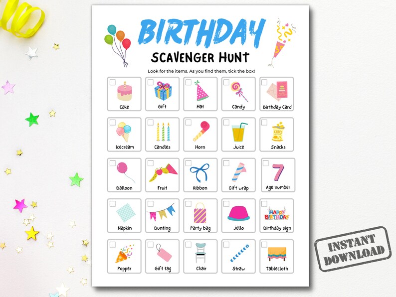 Birthday Scavenger Hunt Game, Birthday Treasure Hunt Printable ...