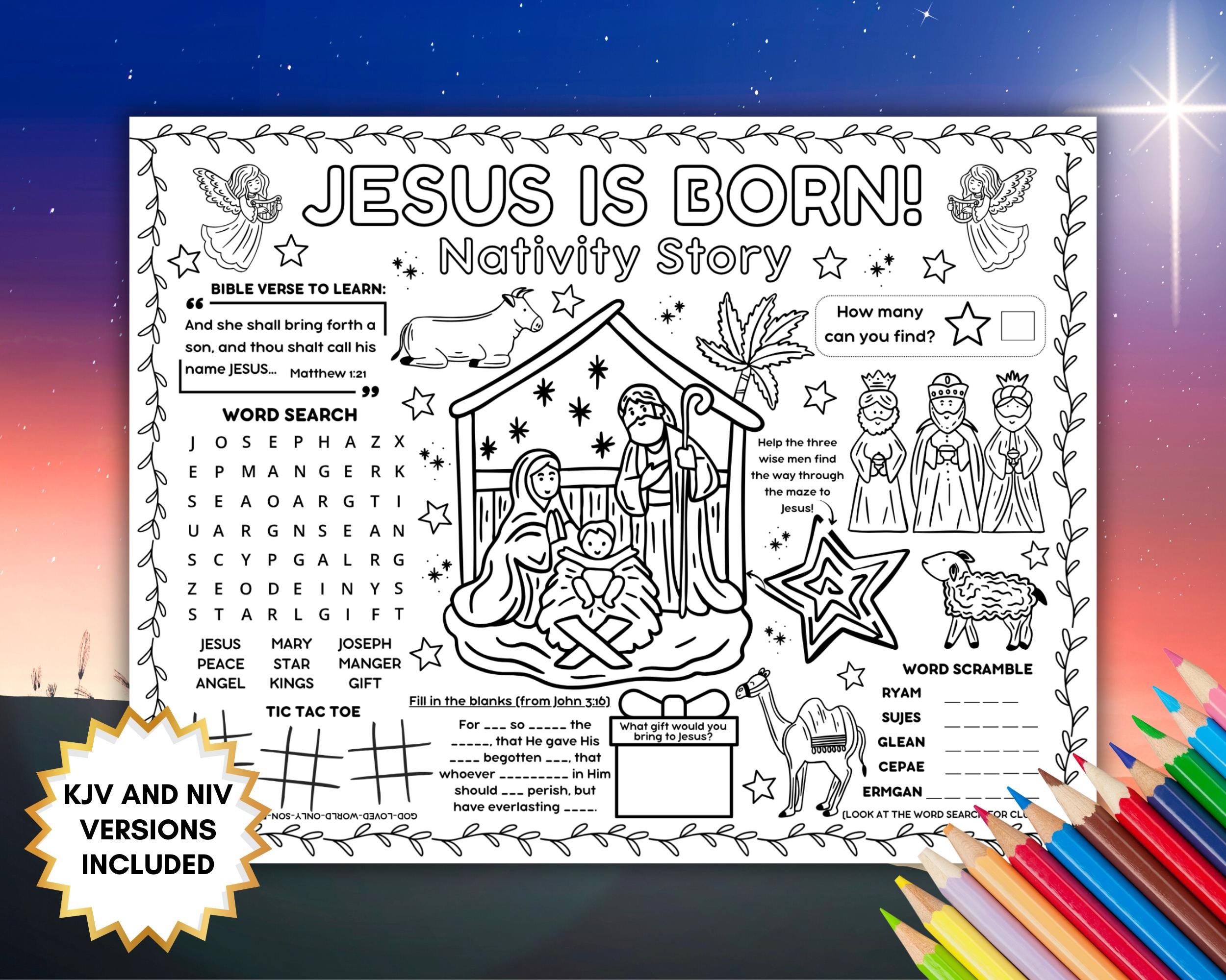 Nativity Bible Activity Placemat Printable, Christmas Coloring Page ...