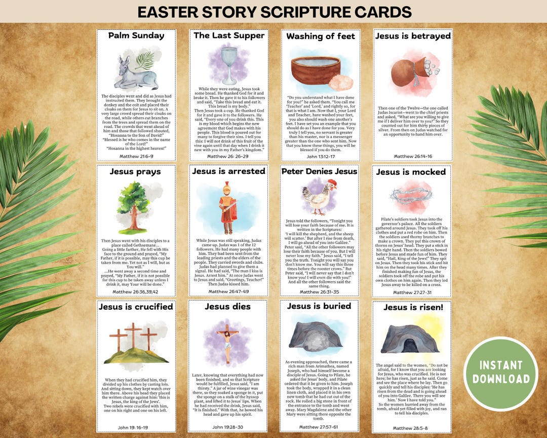 Easter Story Scripture Cards, Christian Bible Verse Cards, Sunday ...