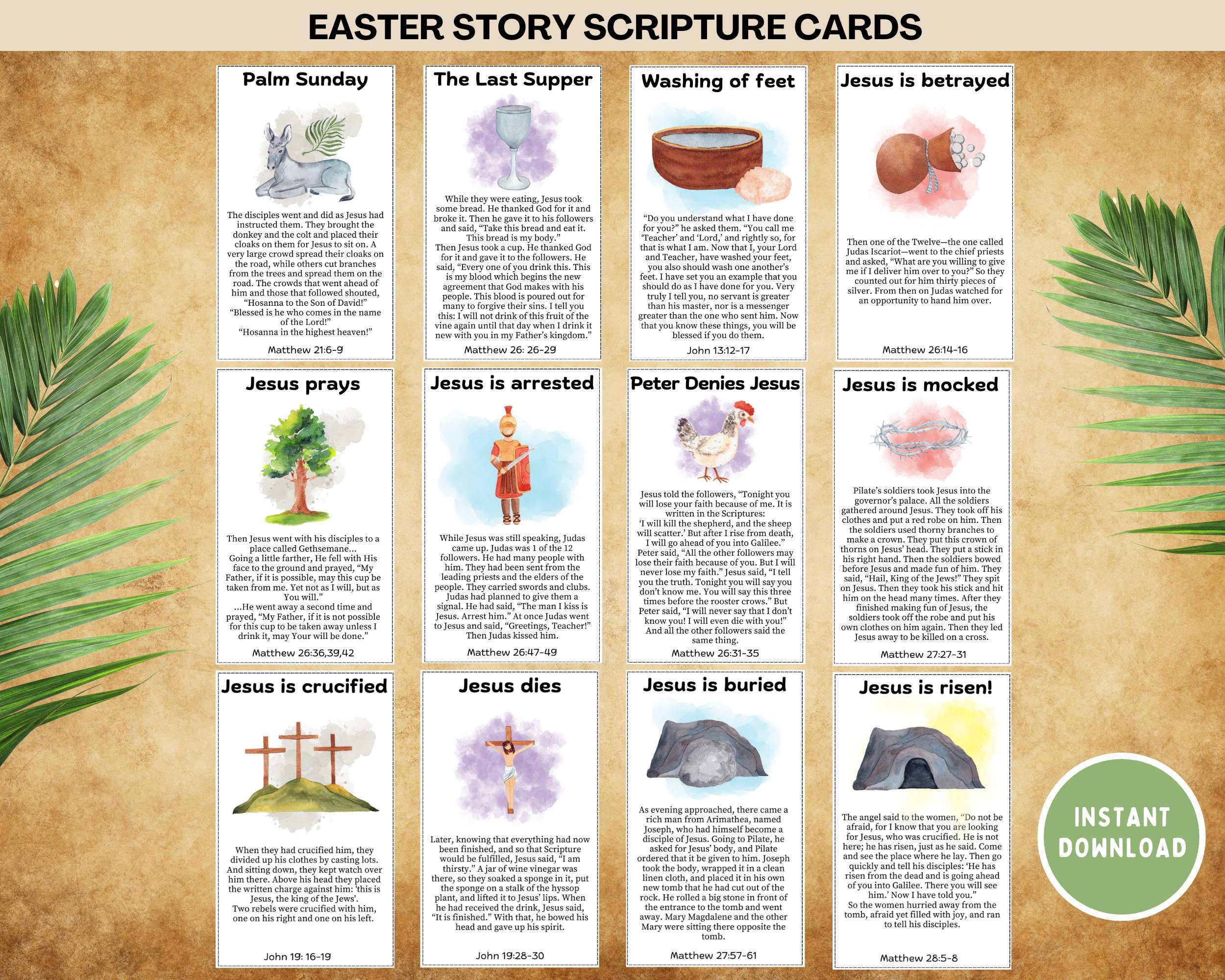 Easter Story Scripture Cards, Christian Bible Verse Cards, Sunday ...