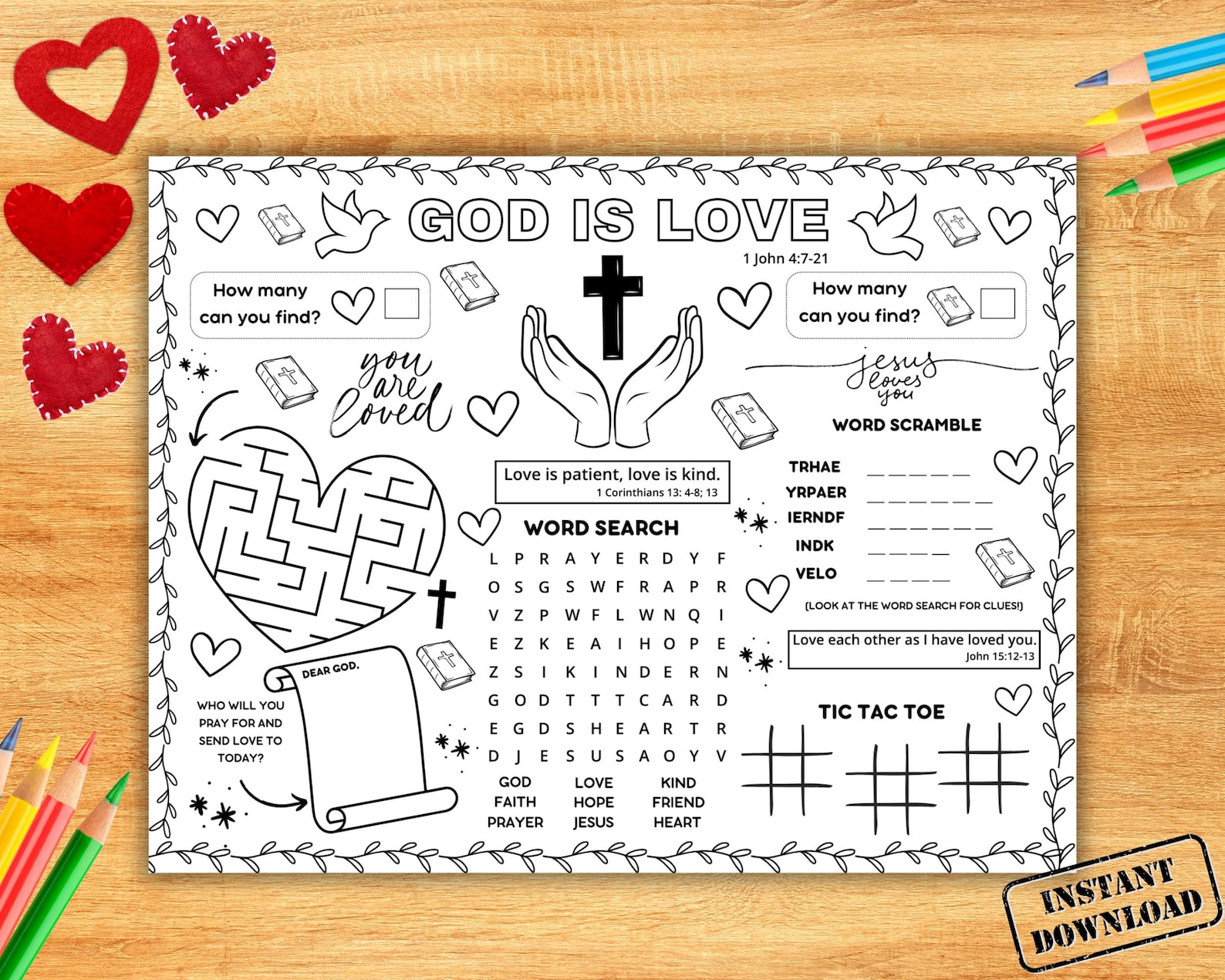 Bible Love Activity Placemat, Christian Valentines Bible Craft Games ...