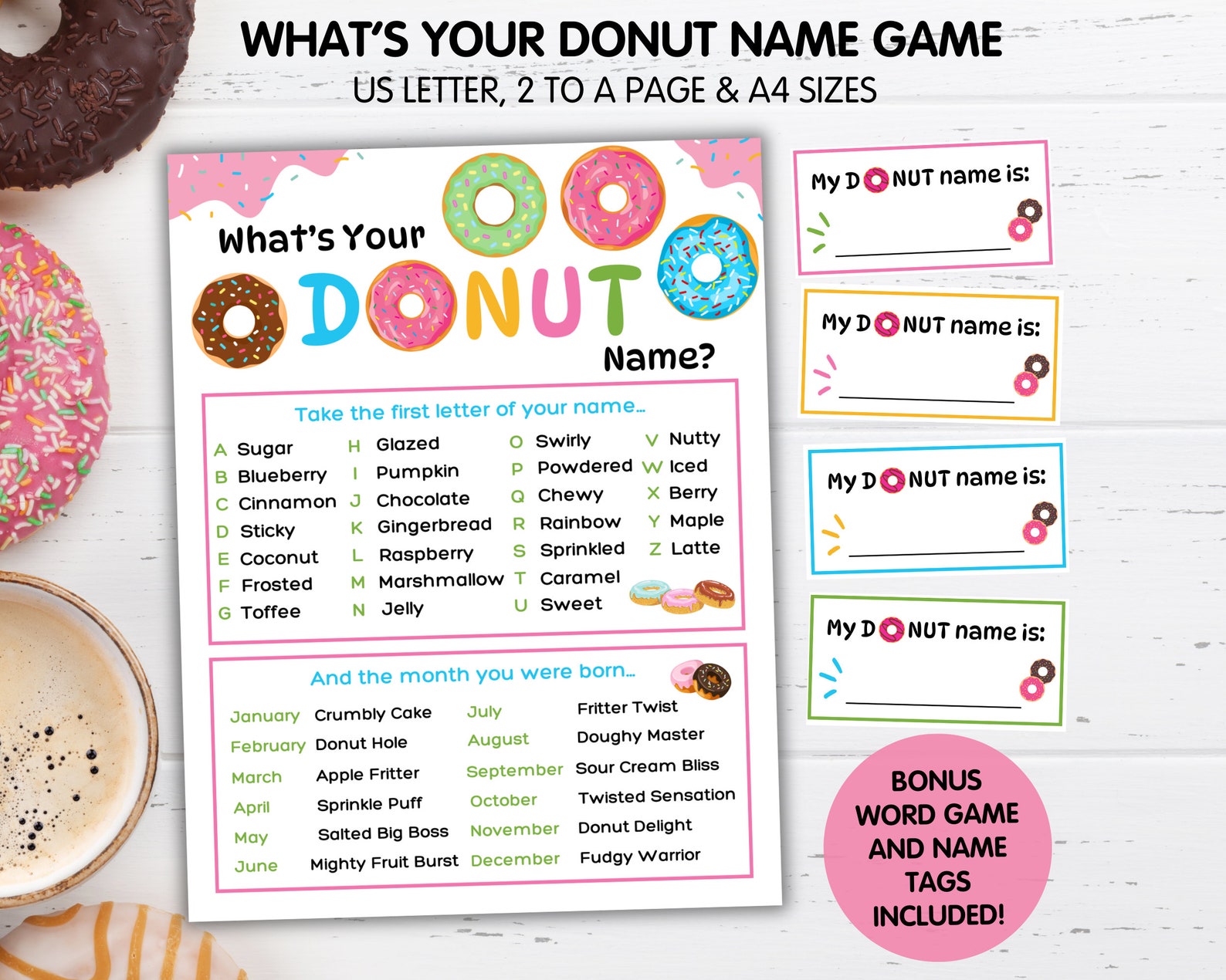 What's Your Donut Name Game Printable, Donut Party Game, Office Party ...