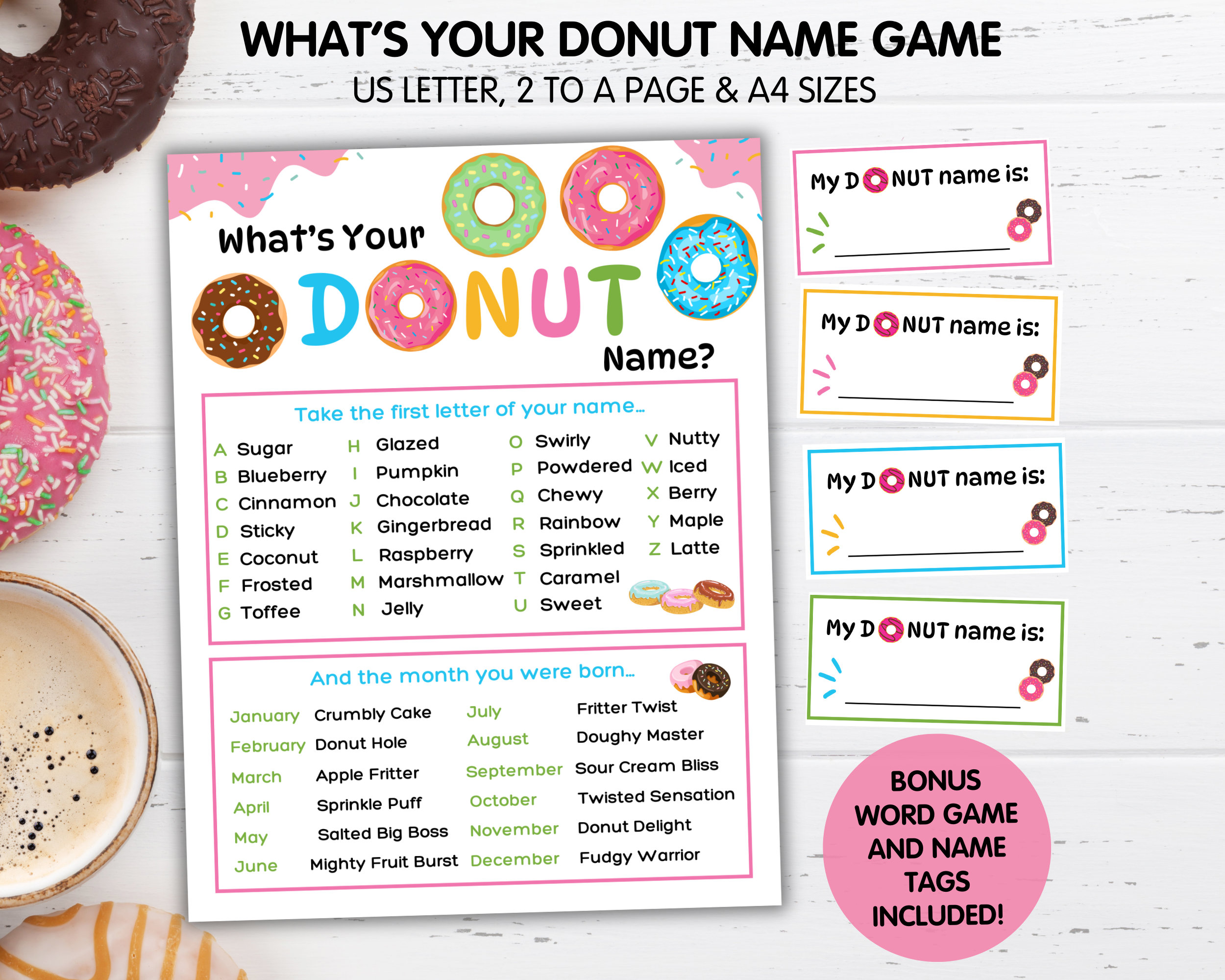What's Your Donut Name Game Printable, Donut Party Game, Office Party ...