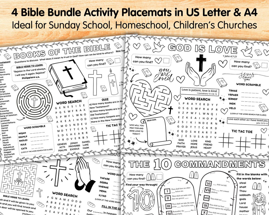 Bible Activity Placemat Bundle, Sunday School Craft Games, Bible ...