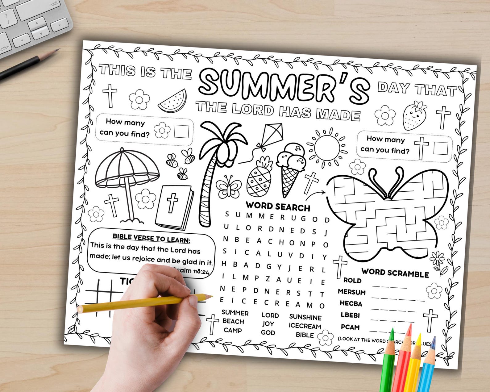 Summer Bible Activity Placemat, VBS Coloring Craft Printable, Sunday ...