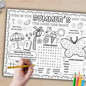 Summer Bible Activity Placemat, VBS Coloring Craft Printable, Sunday ...