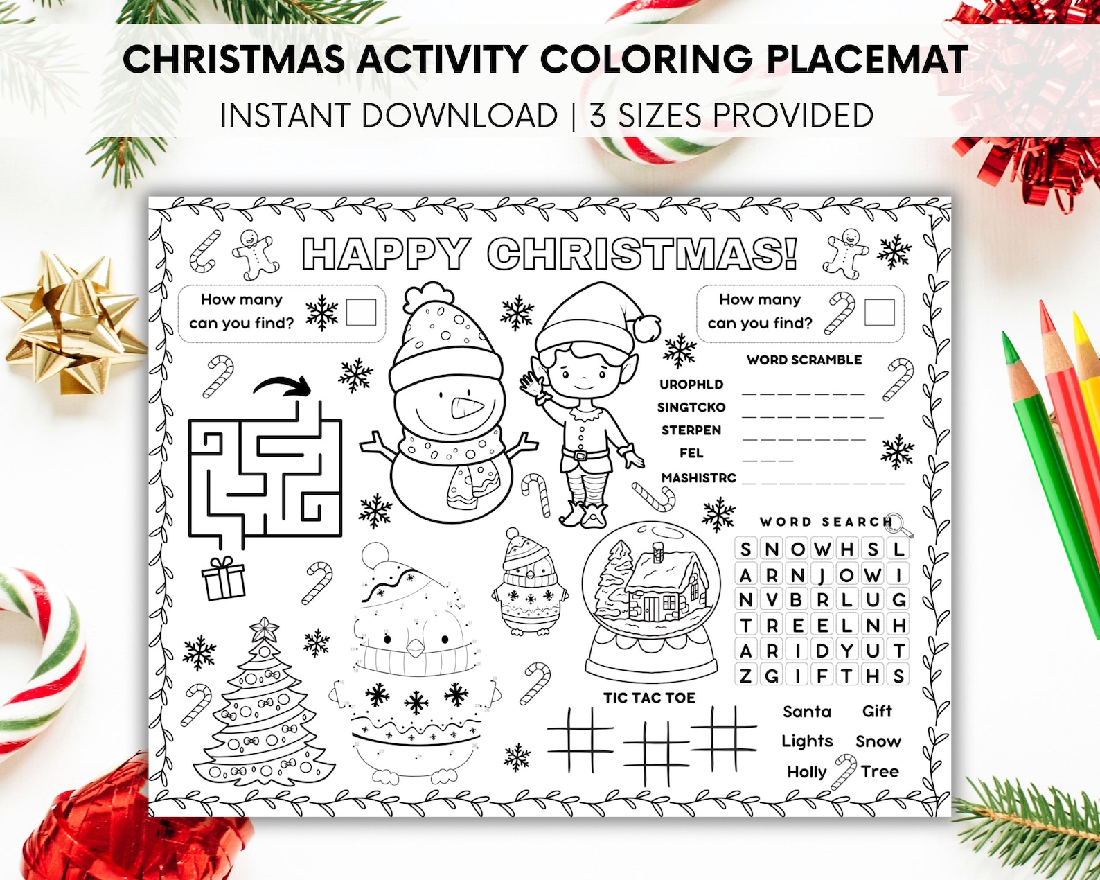 Happy Christmas Activity Placemat Printable, Kids Christmas Coloring ...