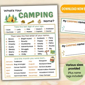 What's Your Camping Name Game, Camping Birthday Party, Campground Theme ...