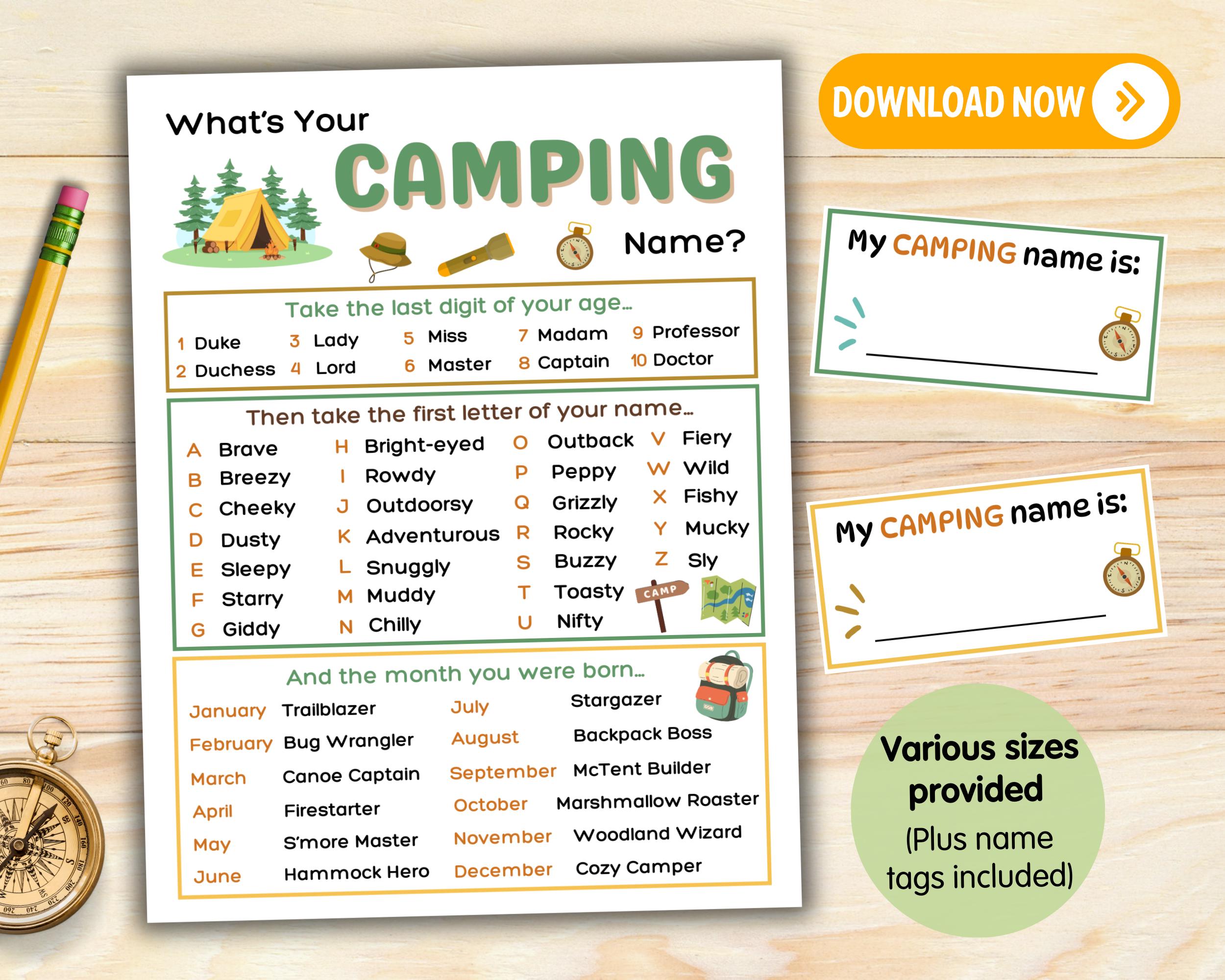 What's Your Camping Name Game, Camping Birthday Party, Campground Theme ...