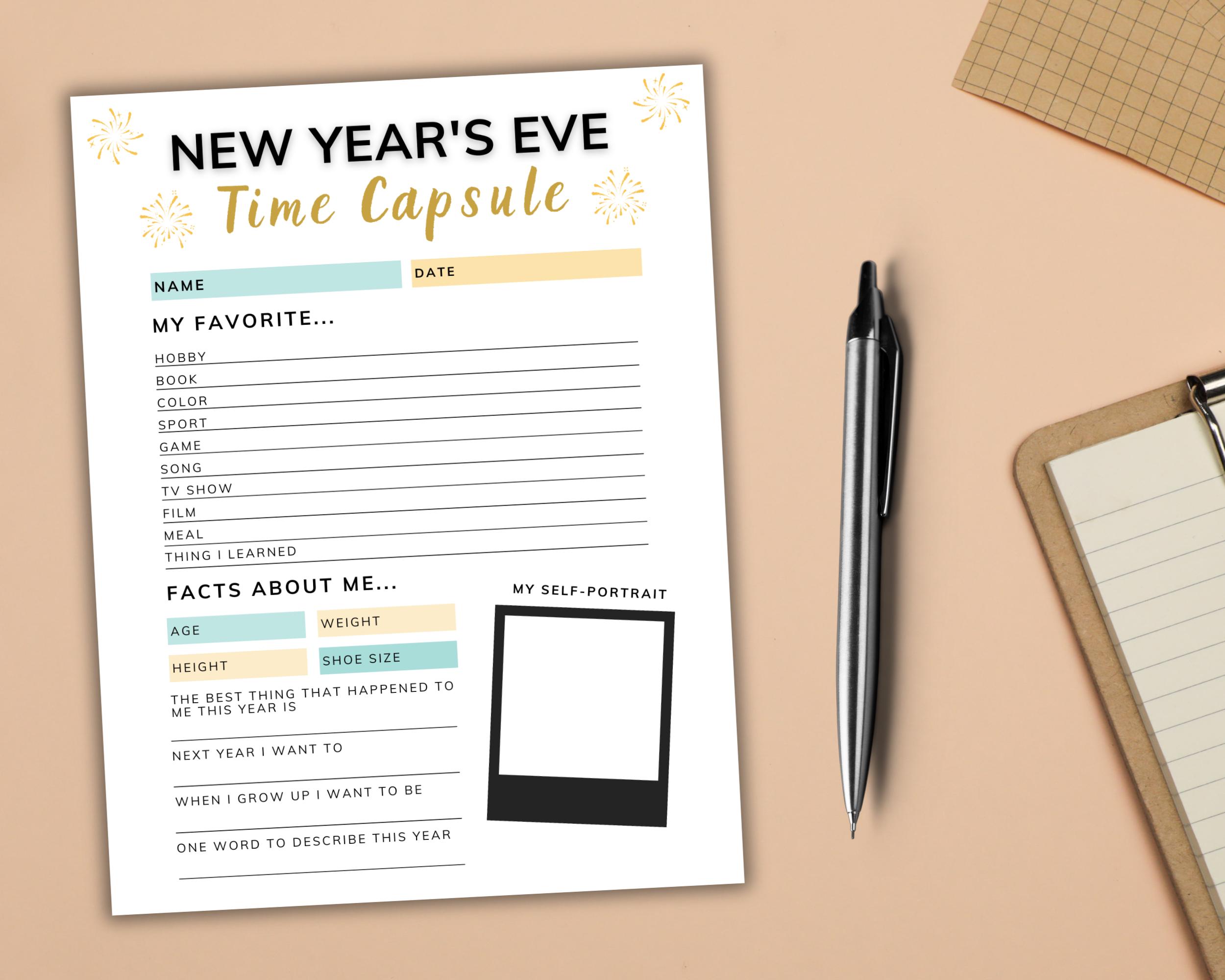New Years Eve Time Capsule Questionnaire for Kids, NYE Kids Table ...