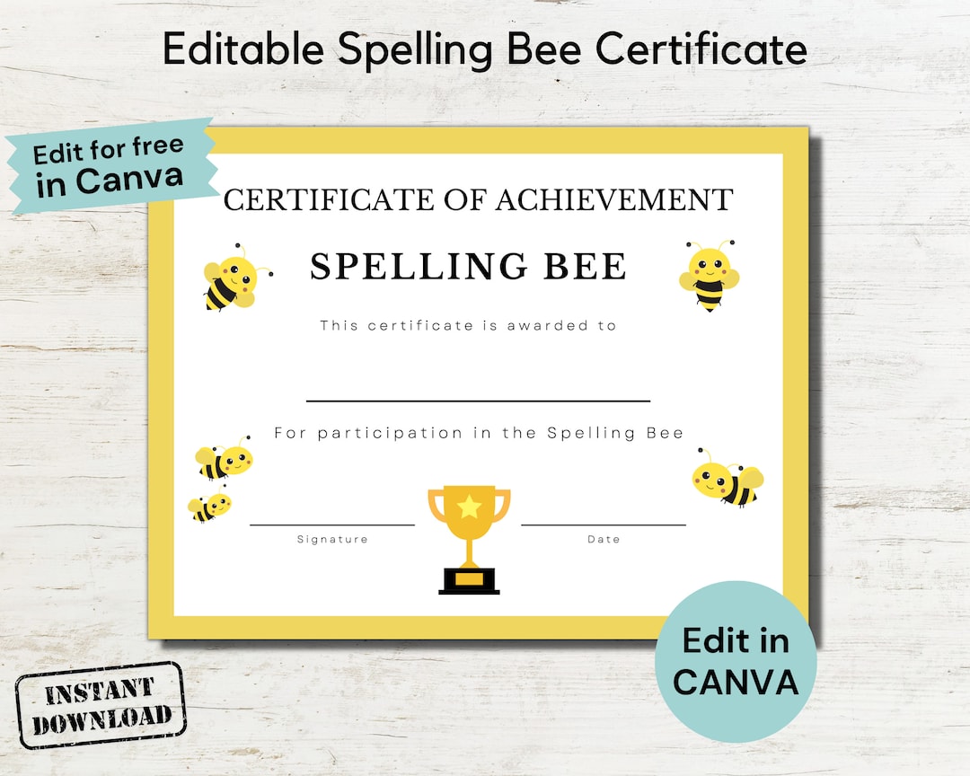 Editable Spelling Bee Certificate Printable, Spelling Bee Certificate ...