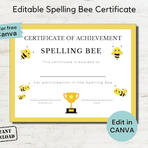 Editable Spelling Bee Certificate Printable, Spelling Bee Certificate ...