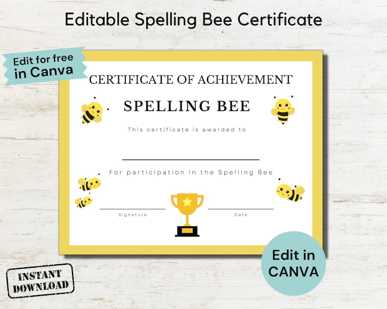 Editable Spelling Bee Certificate Printable, Spelling Bee Certificate ...