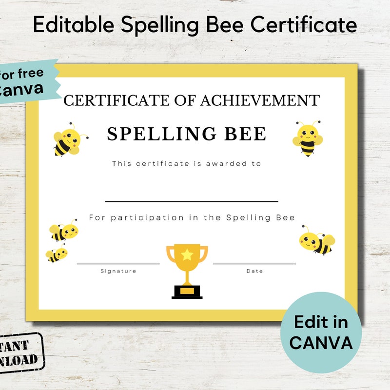 Spelling bee certificate template - Etsy México
