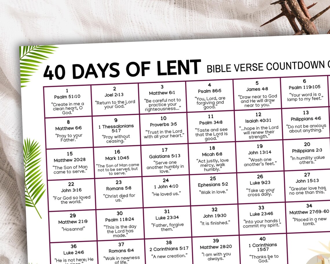 40 Day Lent Countdown Calendar, Bible Verse Scripture Reading Printable ...