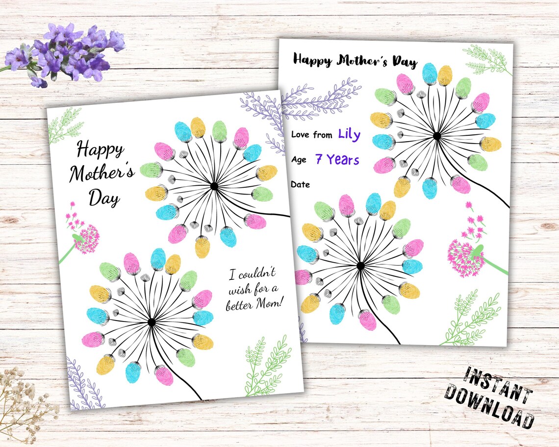 Mothers Day Dandelion Fingerprint Art, Fingerprint Craft Mom Keepsake ...