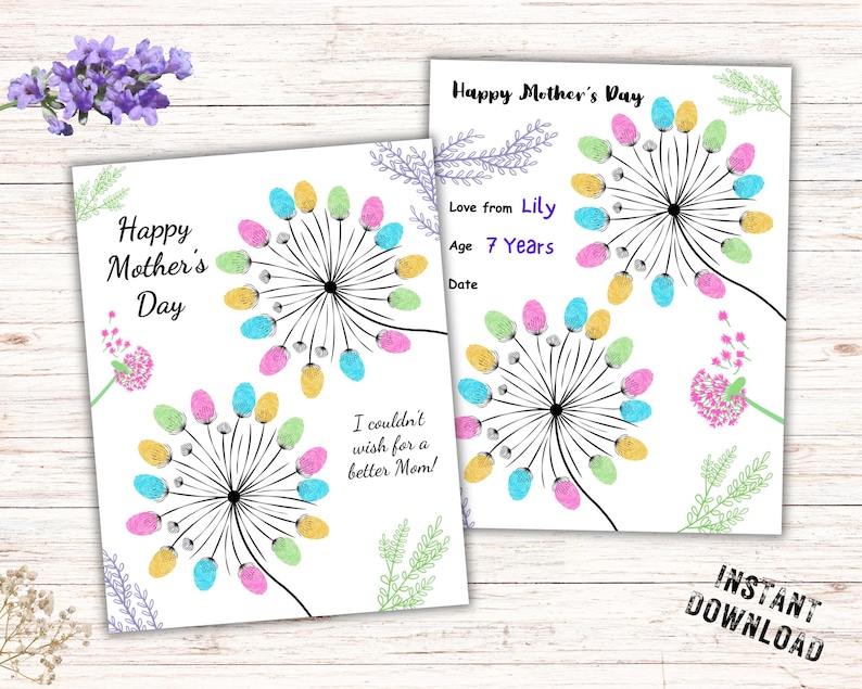 Mothers Day Dandelion Fingerprint Art, Fingerprint Craft Mom Keepsake ...