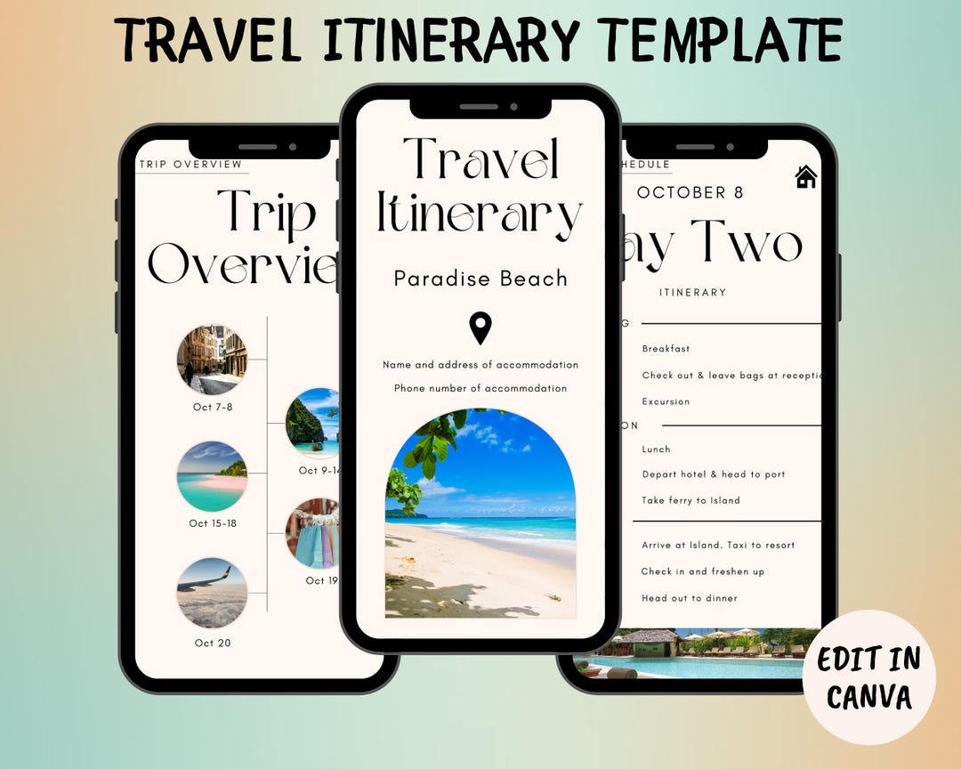 Travel Itinerary Planner Editable, Cell Mobile Travel Scheduler, Phone ...