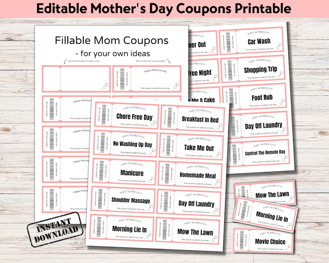 Editable Mothers Day Coupons Printable, Mom Coupon Book Template ...
