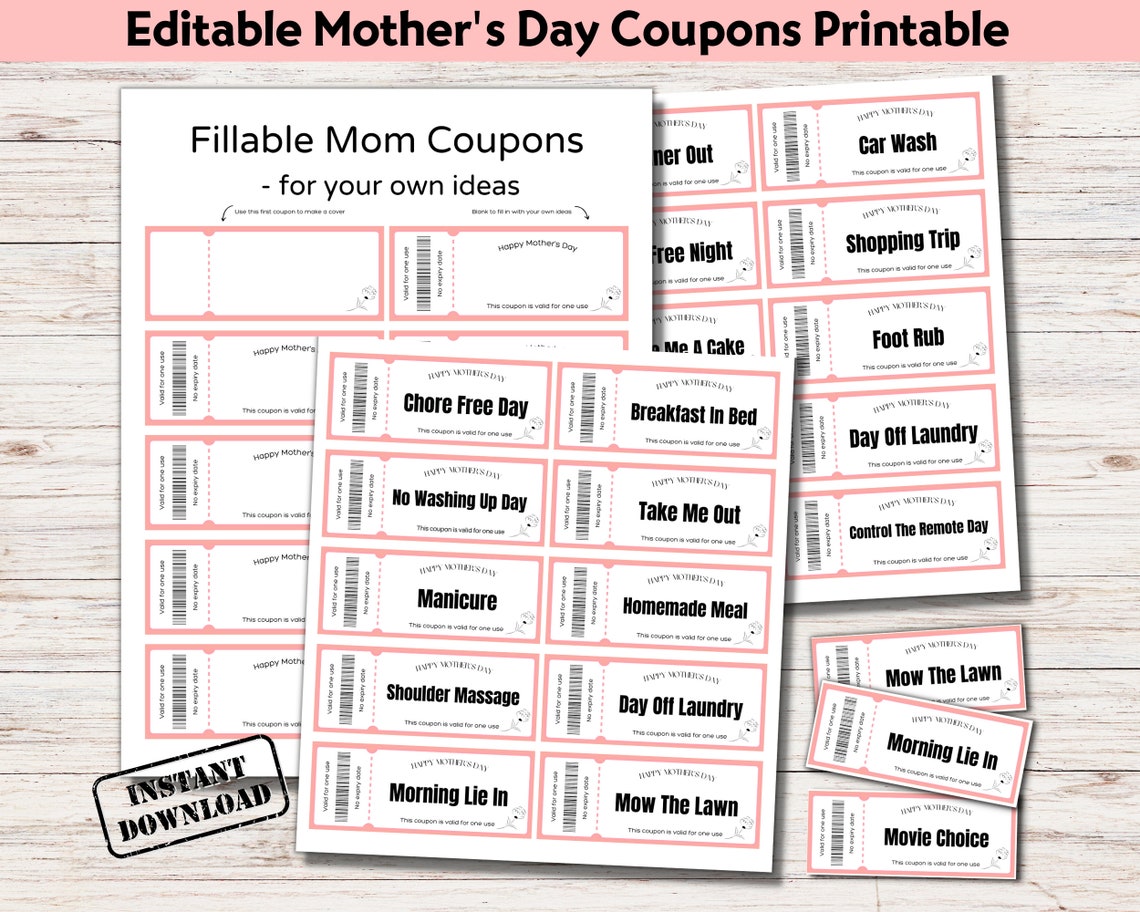 Editable Mothers Day Coupons Printable, Mom Coupon Book Template ...