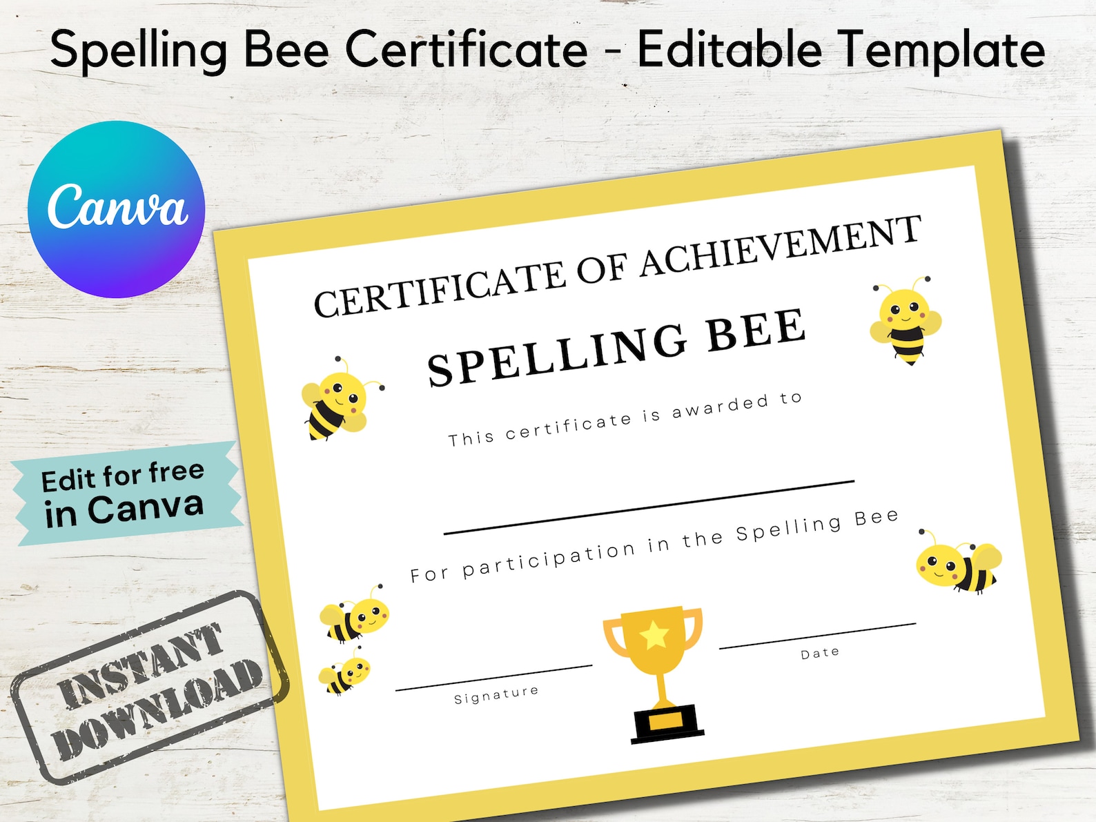 Editable Spelling Bee Certificate Printable, Spelling Bee Certificate ...