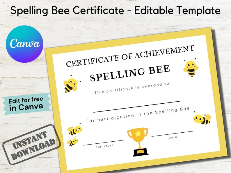 Editable Spelling Bee Certificate Printable, Spelling Bee Certificate ...