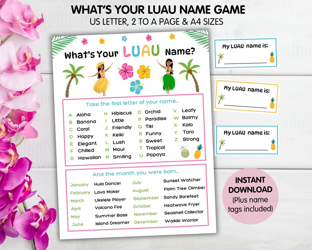 What's Your Luau Name Game, Hawaiian Party Game, Tropical Birthday ...