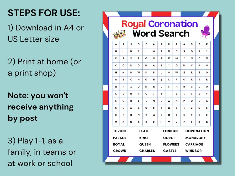 Coronation Word Search Royal Coronation Word Find King's - Etsy UK