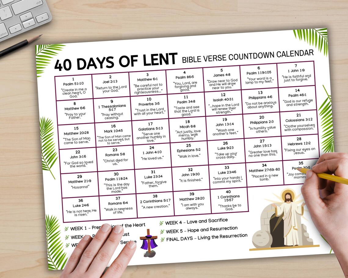40 Day Lent Countdown Calendar, Bible Verse Scripture Reading Printable ...