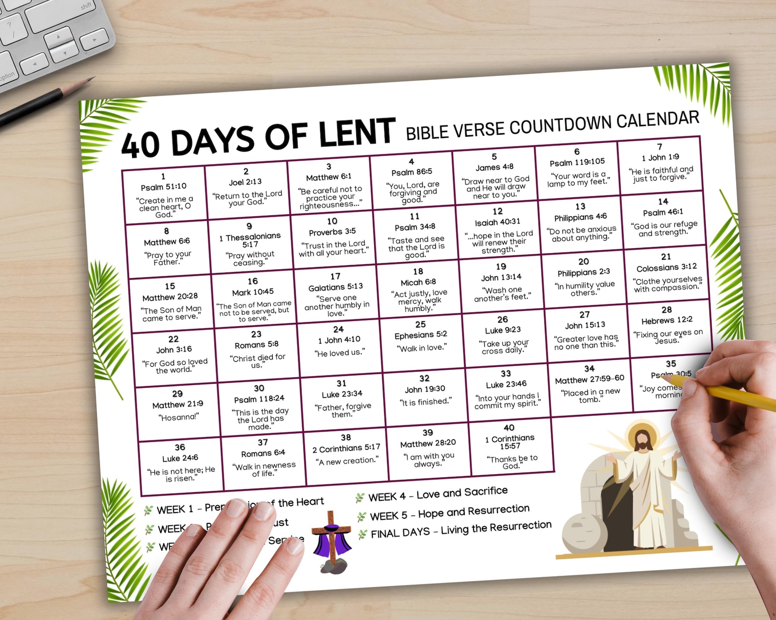 40 Day Lent Countdown Calendar, Bible Verse Scripture Reading Printable ...