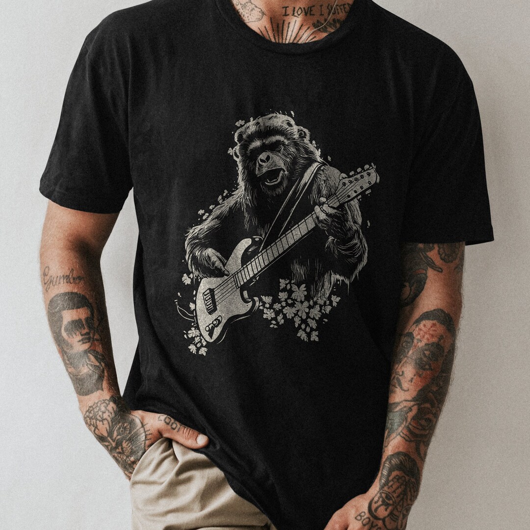 Monkey Guitarist T-shirt - Playful Primate Musician Tee for Guitar and ...