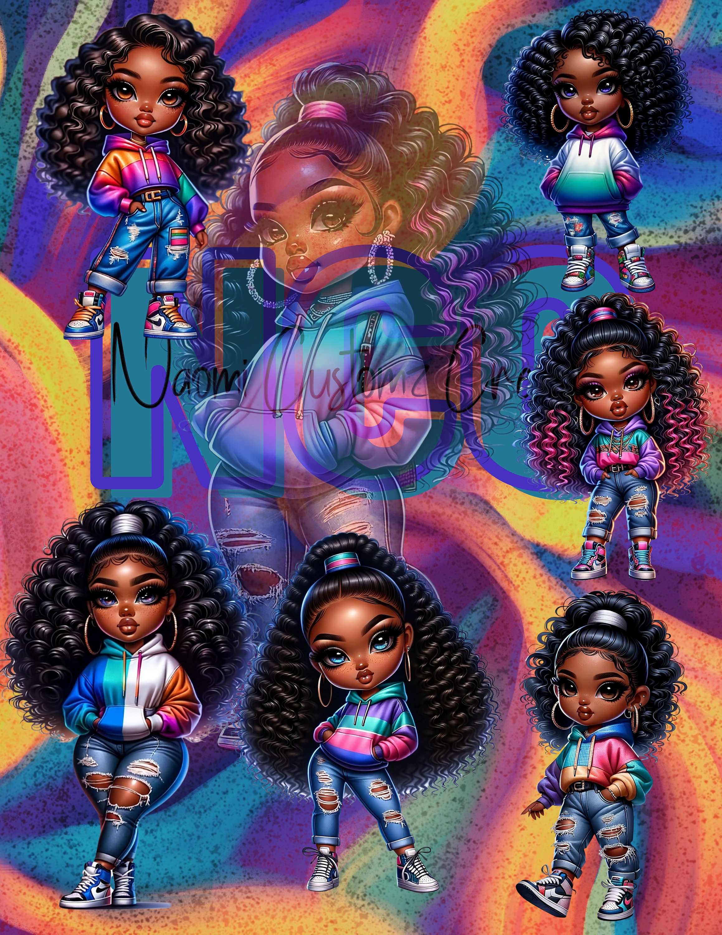 Rainbow Chibi-style African American PNG Doll Illustration - Digital ...