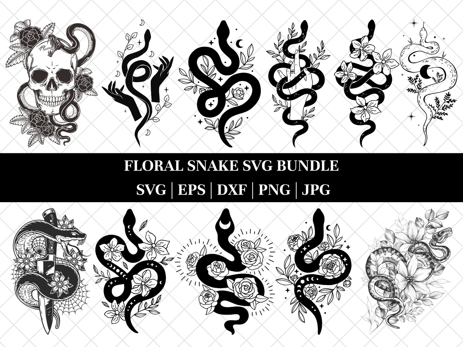 Floral Snake Svg Bundle, Celestial Snake Svg, Snake With Flowers Svg ...