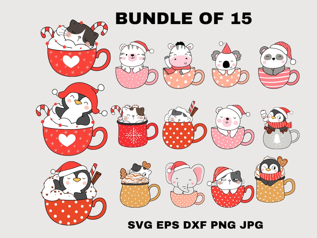 Cute Cat in Christmas Coffee SVG PNG, Set of Cat Doodles in Xmas Drink ...