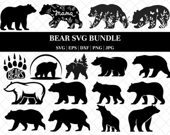 Bear SVG Bundle, Mountains Pine Trees Grizzly Bear SVG, Mama Bear Silhouette, Snowy Winter Scene ...