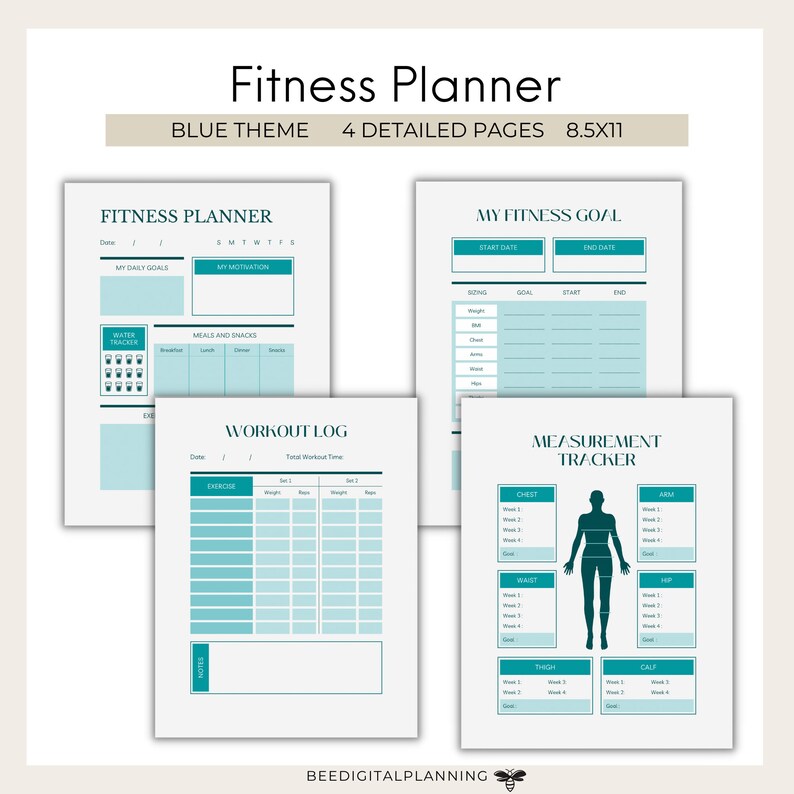 Printable, Digital Fitness, Weight, Water, and Workout Tracker Blue ...
