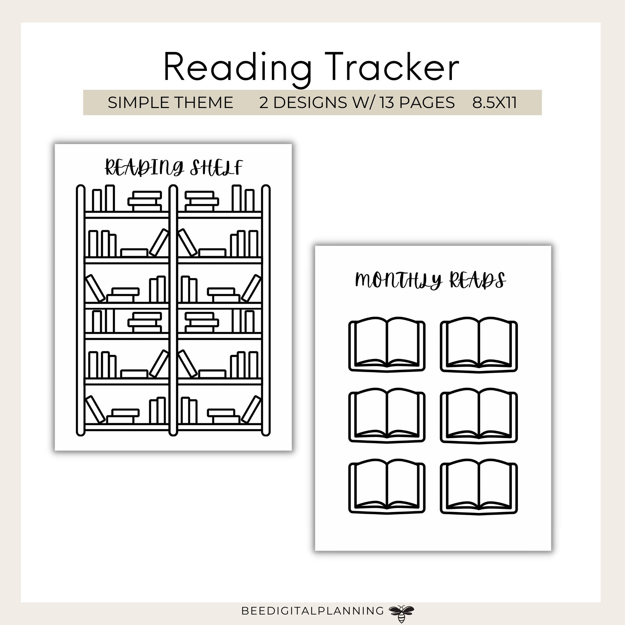 Printable Digital Reading Tracker Bookshelf and Monthly Reading Tracker ...