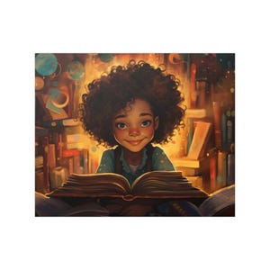 Whimsical African American Girl Reading Art Print | Book Lover Wall ...