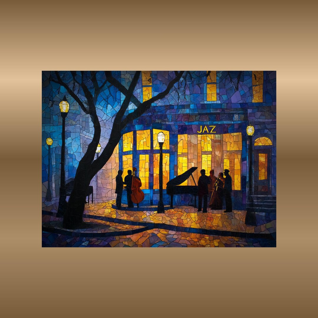Jazz Night Street Scene Satin Poster | Piano Quartet Cityscape Wall Art ...