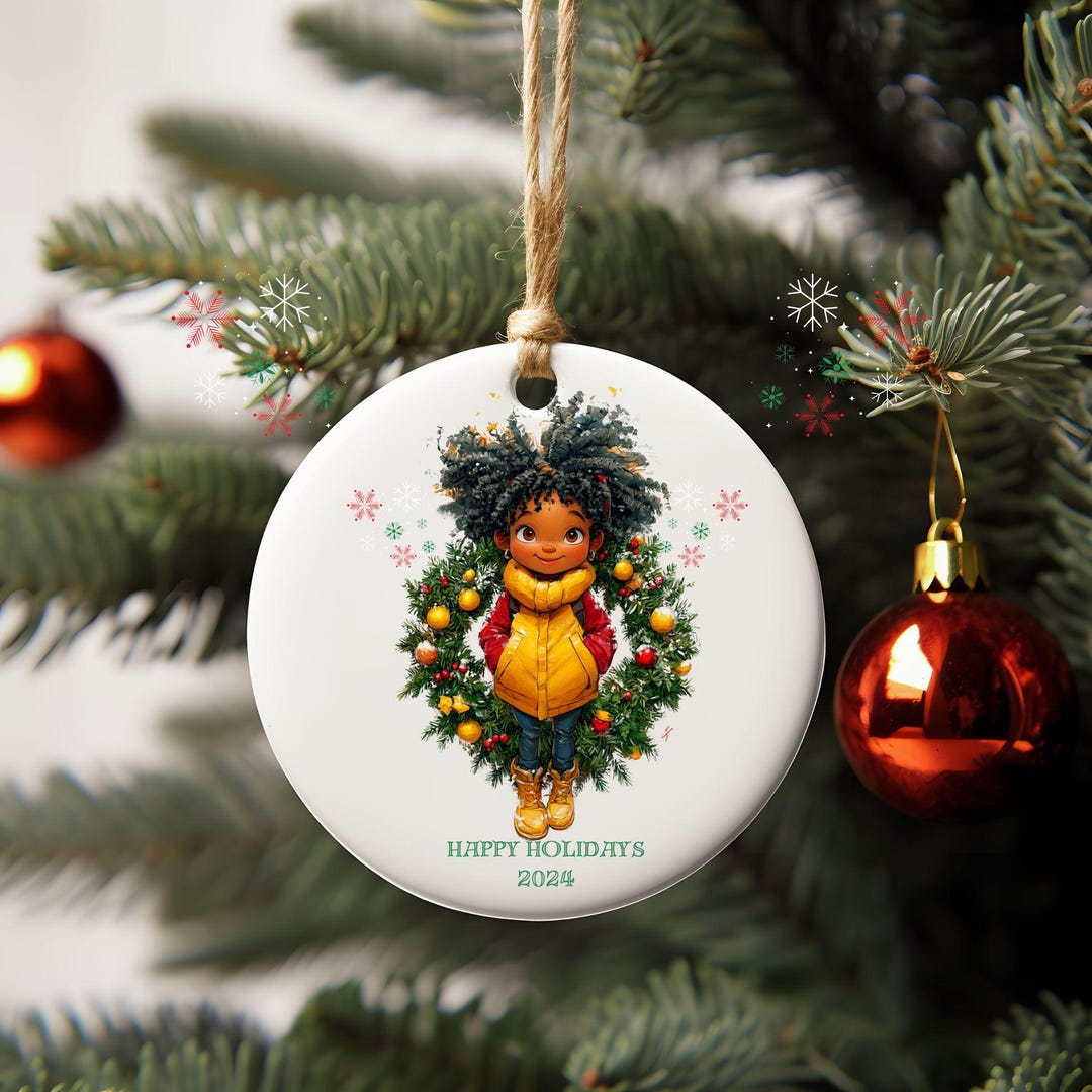 Ceramic Ornament Cute Afrocentric Girl in Front of a Festive Wreath ...