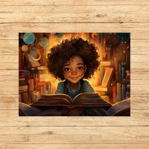 Whimsical African American Girl Reading Art Print | Book Lover Wall ...
