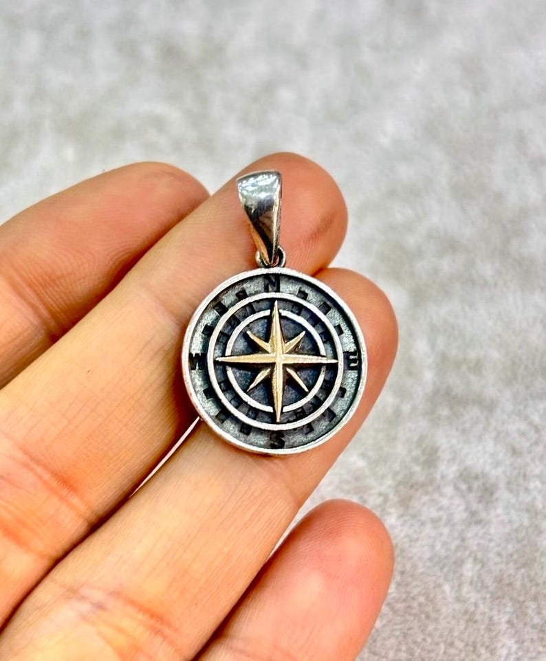 Handmade 925 Sterling Silver Compass Pendant Necklace - Gift for Him ...